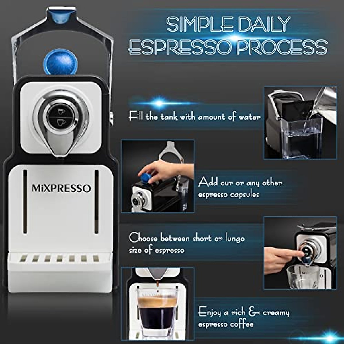 Mixpresso Espresso Machine for Nespresso Compatible Capsule, Single Serve Coffee Maker Programmable Buttons for Espresso Pods, Premium Italian 19 Bar Pressure Pump 23oz, Small Espresso Machine 1400W