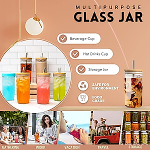 6 Pack Glass Mug Set - Drinking Glasses Tumbler, 24oz Reusable Boba Tea Cups with Bamboo Lids, Travel Tumbler Bottle, Non-slip Glasses for Iced Coffee, Smoothie