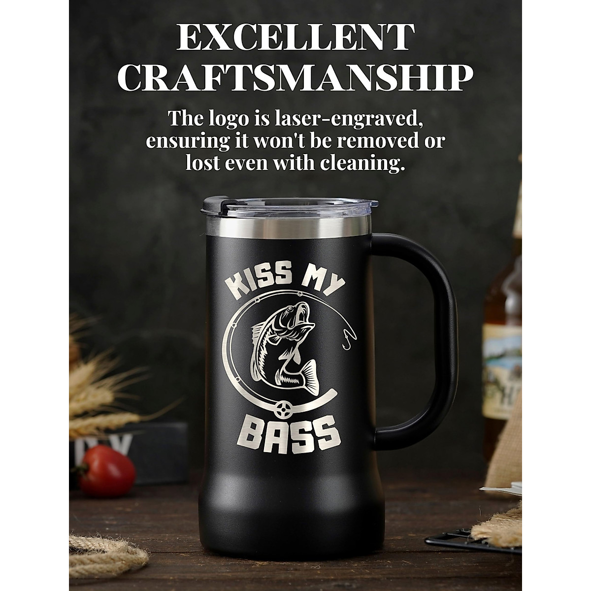 Onebttl Bass Fishing Gifts for Men, Stainless Steel Beer Stein Tumbler, 24oz Beer Mug with Lid for Father's Day, Christmas - Kiss My Bass