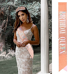 Birthday Tiara for Women, Birthday Sash and Tiaras for Women, Happy Birthday Queen Crown for Women, Birthday Crowns for Women with Rose Gold, Birthday Decorations for Women, Birthday Party Favors