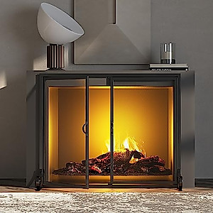 Fire Beauty Fireplace Screen with Hinged Doors, Powder Coated Steel Frame, Metal Mesh, Handcrafted Solid Steel,Decorative Design, Free Standing Spark Guard