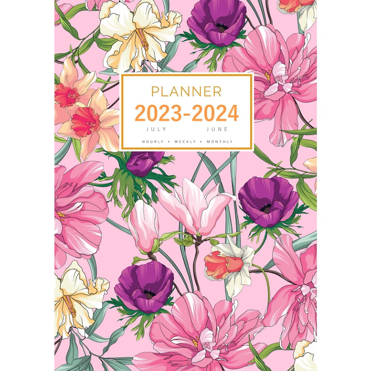 Planner July 2023-2024 June: A4 Large Notebook Organizer with Hourly Time Slots | Peony Iris Magnolia Design Pink