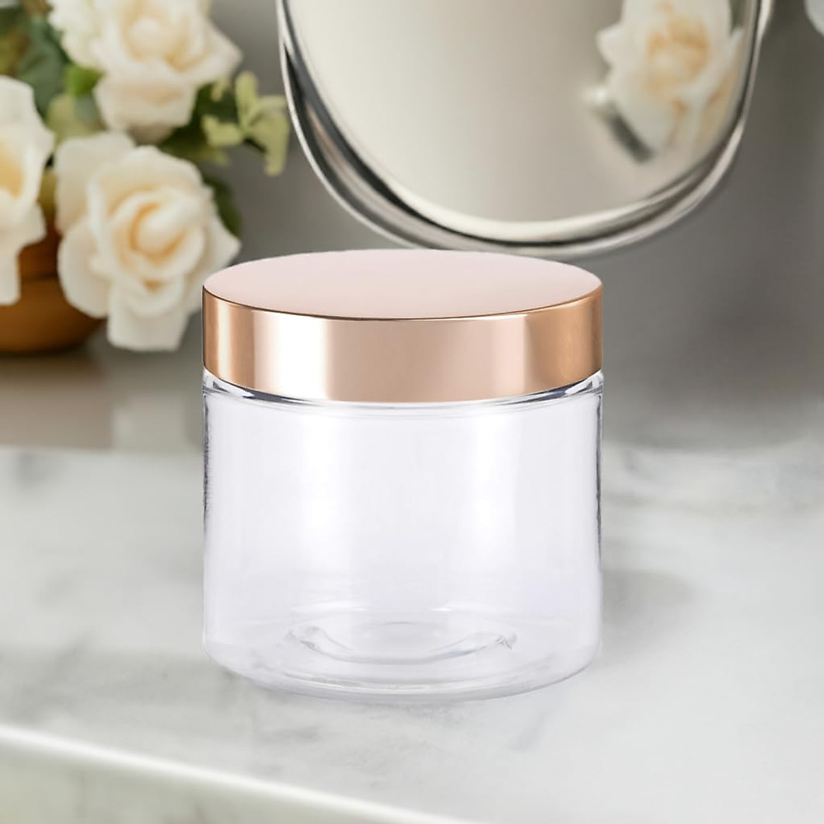 8 oz / 240 ml Clear PET Plastic Refillable Jar with Luxury Gold Metal Overshell Lid (6 Pack)