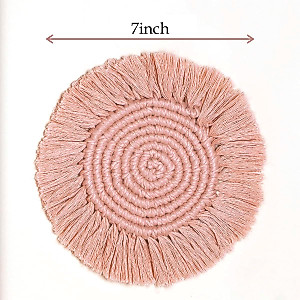 2 Pack Macrame Pink Coasters for Drinks, 7in Woven Boho Coaster Set, Handmade Absorbent Cotton Boho Coasters for Wooden Table Decor Boho Home Decor Housewarming Gift