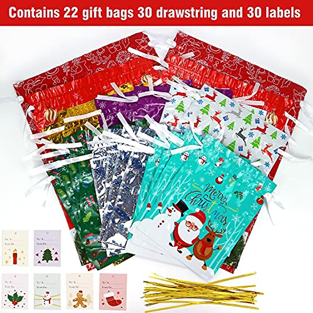 Christmas bag Christmas Drawstring Gift Bags,Christmas candy bag, party gift wrap,Children's gift bags,22pcs Assorted Christmas Gift Wrapping Bags Upgraded Christmas Goodie Bags for Christmas Party in 4 Sizes and 8 Designs with Inserted Drawstring Ribbons