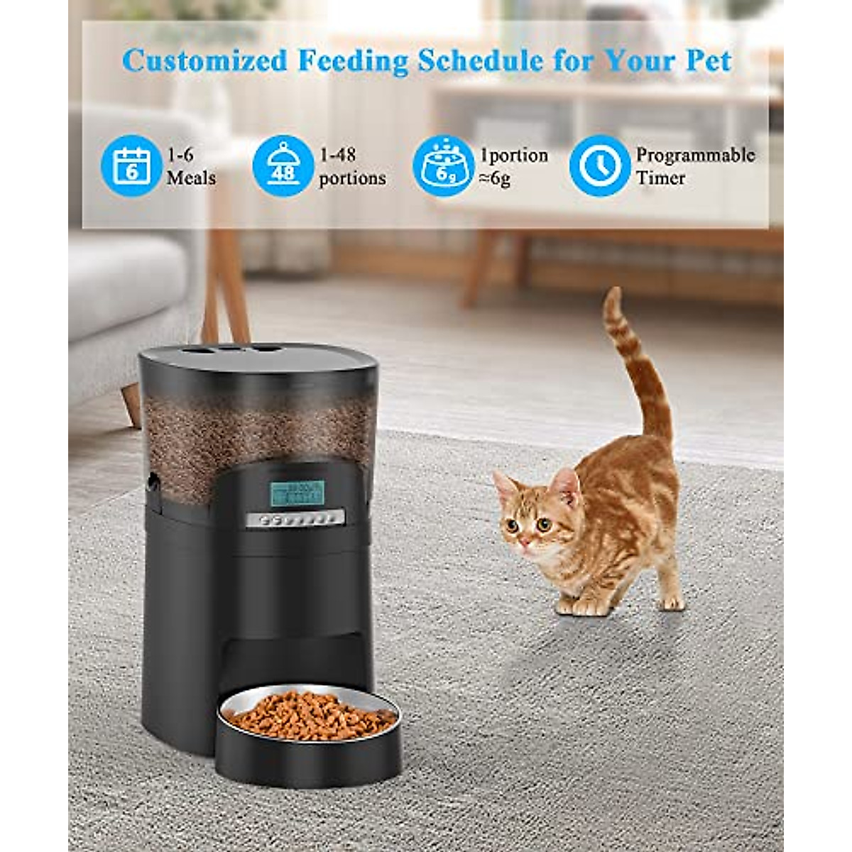 Cat Feeder, HoneyGuaridan 4.5L Automatic Pet Feeder for Dogs Food Dispenser Auto Cat Feeder – 6 Meal Portion Control, Distribution Alarm, Programmable Timer Feeder, Customizable Voice Recorder Black