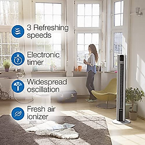 Lasko Portable Electric 48" Oscillating Tower Fan with Fresh Air Ionizer, Timer and Remote Control for Indoor, Bedroom and Home Office Use, Gray T48310