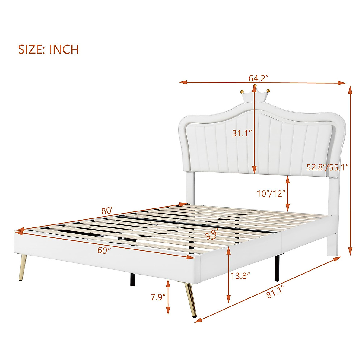 CITYLIGHT Queen Size Upholstered Princess Bed with Crown Headboard, Wood Cute Kids Bed Frame Queen with LED Lights and Metal Legs for Girls, No Box Spring Required (Queen,White)