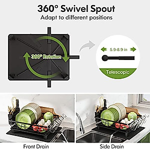 BOOSINY Dish Rack with Drainboard Set, Stainless Steel Dish Drainer for Kitchen Counter, Dish Racks with Utensil Holder, Cup Holder, Cutting-Board Holder and Extra Drying Mat (Black)