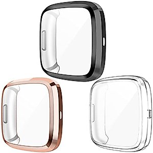 Wepro Screen Protective Case Compatible with Fitbit Versa 2 Smartwatch, 3-Pack Soft TPU Full Cover Cases for Fitbit Versa 2 Watch, Clear/Black/Rosegold