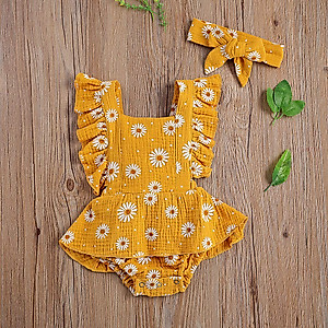 Yoawdats Infant Girls Clothes Baby Bodysuits Cotton Linen Rompers for Girls 2PCS Summer Outfits with Headband (Yellow, 0-6 Months)