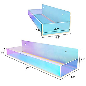 TLBTEK 2 Pcs 15 inch Iridescent Rainbow Floating Shelves,Acrylic Irridescent Floating Shelves Wall Mounted Storage for Bathroom, Bedroom, Living Room, Kitchen (Without Edge)