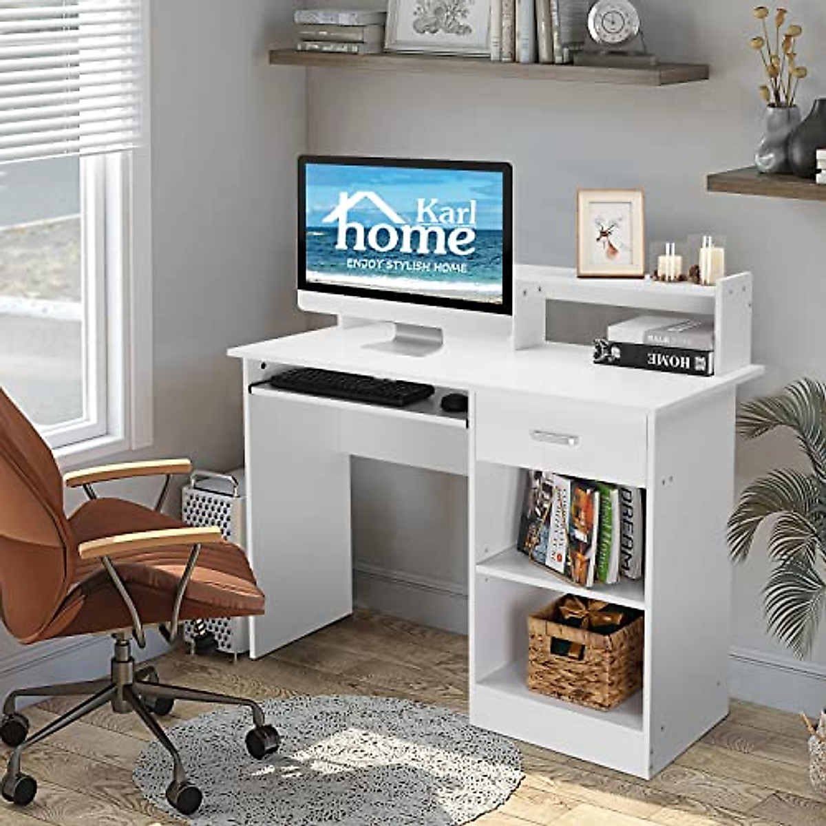 Karl home Computer Desk Study Writing Desk, Wooden Home Office Workstation PC Laptop Table with Drawer Shelf Keyboard Tray, White
