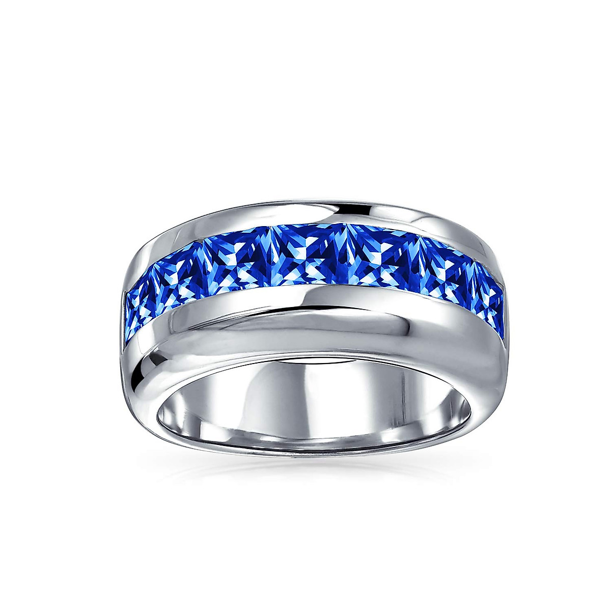 Unisex Simulated Blue Sapphire Channel Set Cubic Zirconia AAA CZ Brilliant Princess Cut Wedding Band For Men Women .925 Sterling Silver 9MM Band Ring