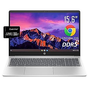 HP Chromebook 2023, 15.6" HD Display, Intel Processor N200 CPU(>i3-10110U,Upto 3.7 GHz), DDR5 8GB RAM - 64GB eMMc Storage + 128GB SD Card, HD Webcam, Numeric Keyboard, Long Battery, Chrome OS, Silver