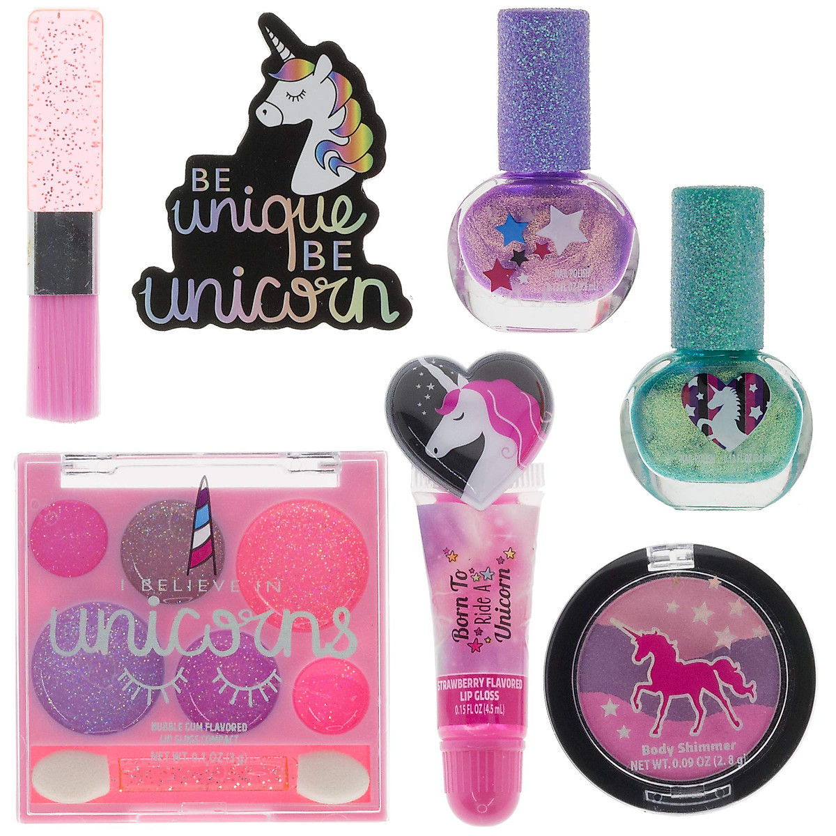 Townley Girl Unicorn Makeup Set with 8 Pieces, Including Lip Gloss, Nail Polish, Body Shimmer and More in Unicorn Bag, Ages 3+ for Parties, Sleepovers and Makeovers