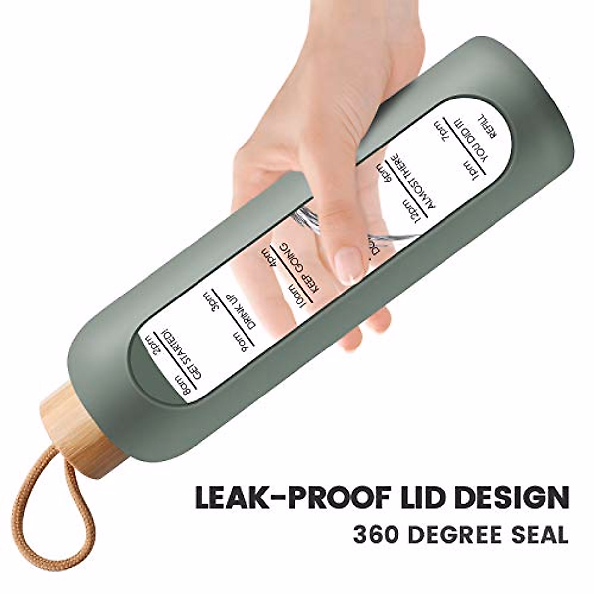 PROBTTL 32 Oz Borosilicate Glass Water Bottle with Time Marker Reminder Quotes, Leak Proof Reusable BPA Free Motivational Water Bottles with Silicone Sleeve and Bamboo Lid