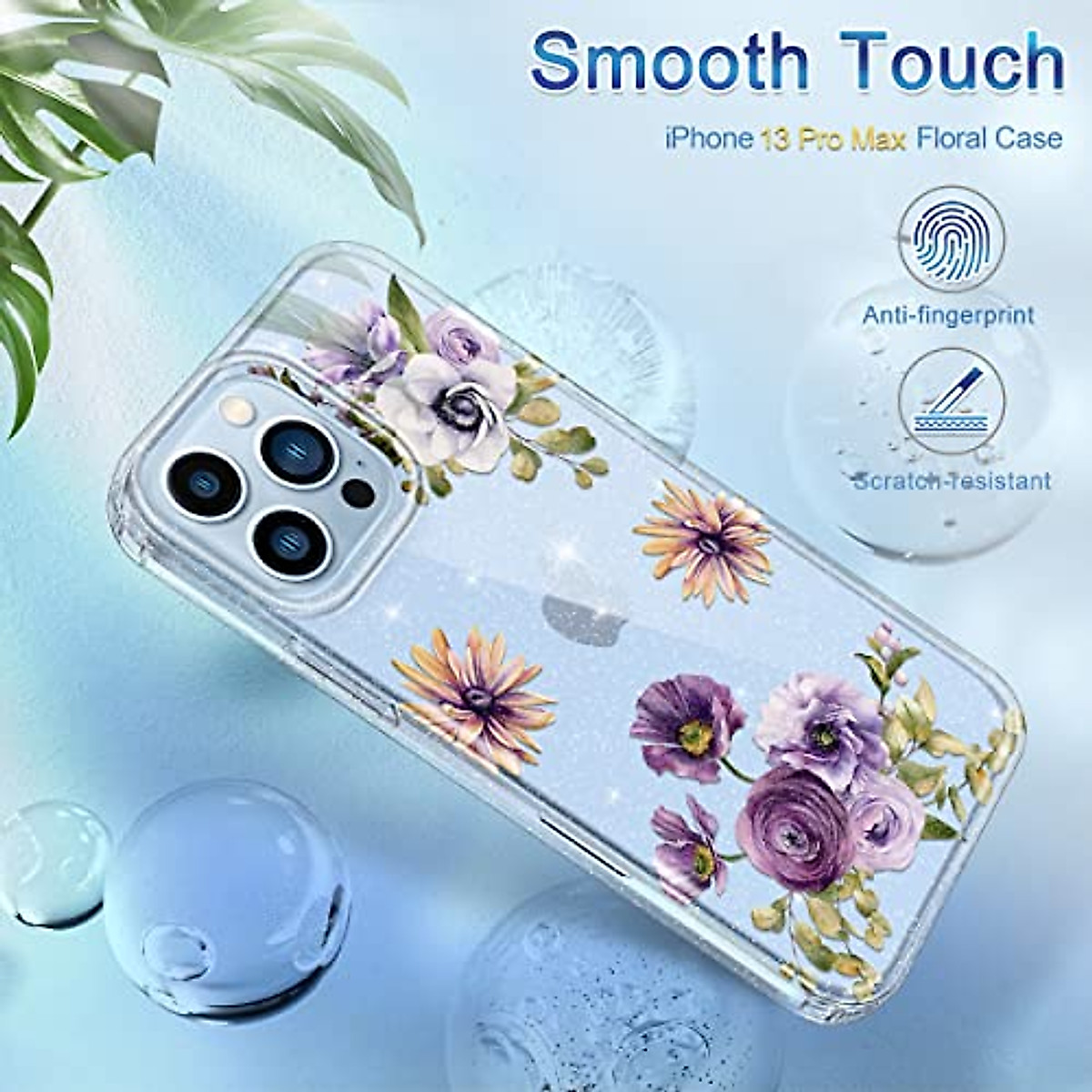 Lamcase iPhone 13 Pro Max Floral Case - 2 Screen + 2 Camera Protectors, Clear Bling Sparkly Hard PC, Slim, Drop & Shockproof