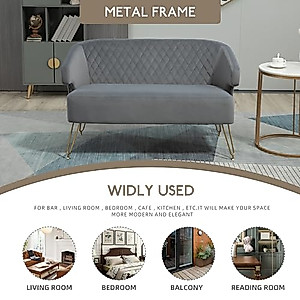 QQU Modern Velvet Loveseat Sofa, Comfy Upholstered Seat Couch with Metal Legs, 2-Seater Accent Sofa Chair, Living Room Sofa with Tufted Backrest, Grey