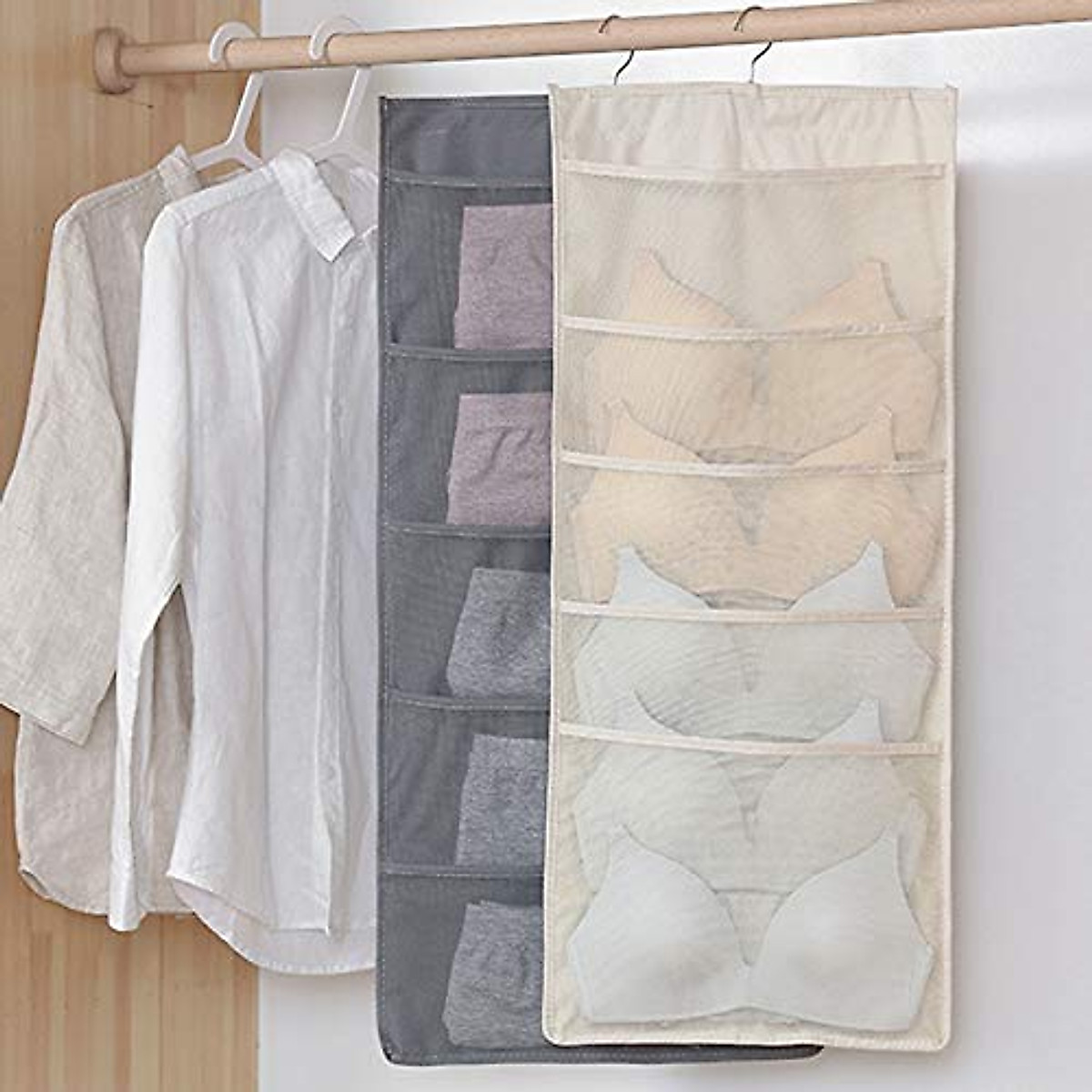 ST-BEST-P Bra and Underwear Hanging Storage Organizer Mesh Pockets Dual Sided Wall Shelves Space Saver Bag Sock Underpants Drawer Closet Clothes Rack (Gray:(6+18pockets))
