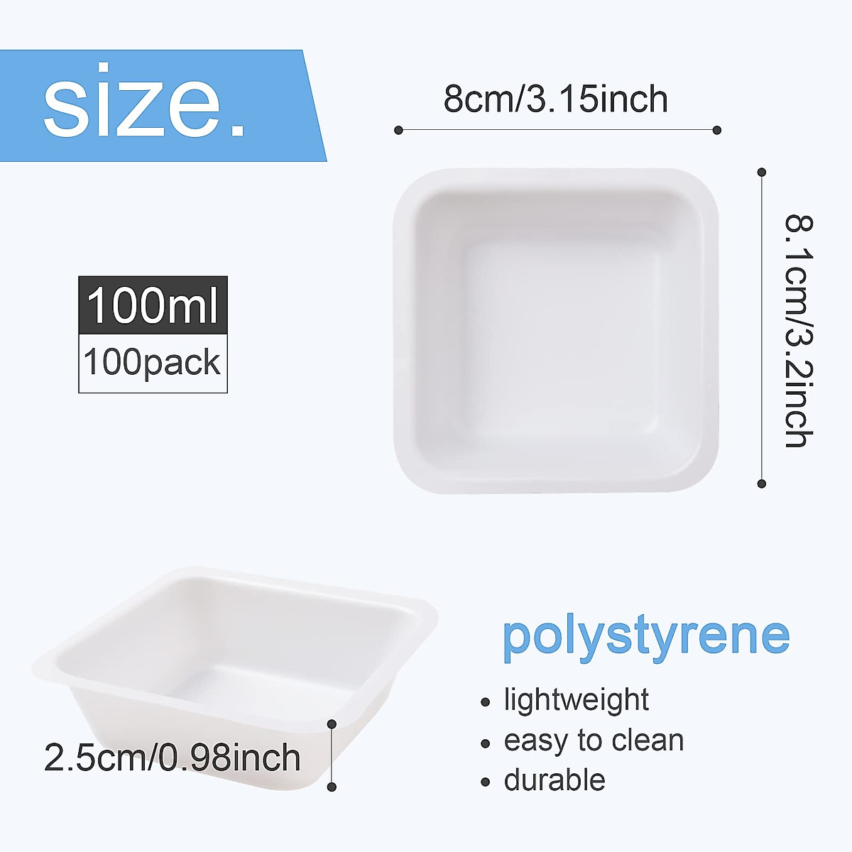 Yzzsjc Square Weigh Boats Medium - 100 Pac 100ml Plastic Disposable Trays for Scale,Easy Pour Design,Square Lab Weighing Dishes for Measuring,Storing, Mixing Powders,Liquids