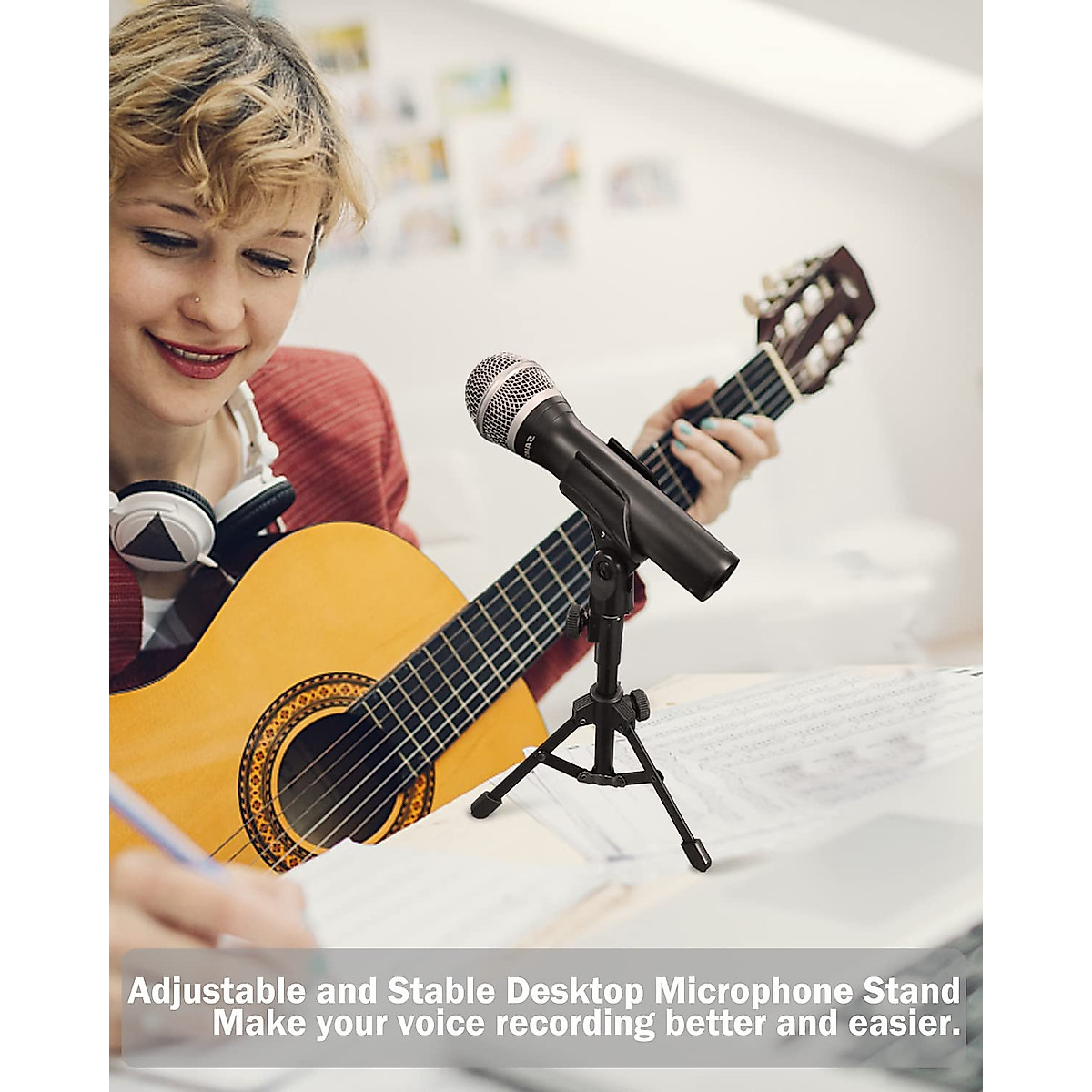 Mictop 2 Pack Desktop Mic Stand, Portable Foldable Tripod with Mic Clip Holder, Adjustable Microphone Stand For Dynamic Microphone.