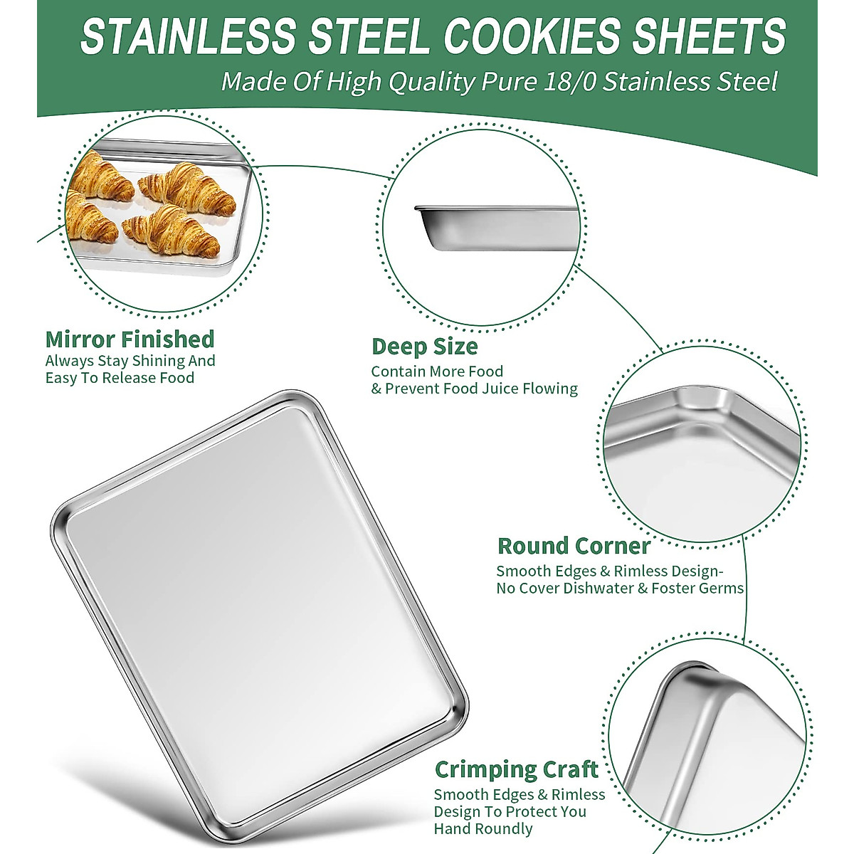 Baking Sheets Set of 2, HKJ Chef Cookie Sheets 2 Pieces & Stainless Steel Baking Pans & Toaster Oven Tray Pans, Rectangle Size 12.5Lx10Wx1H inch & Non Toxic & Healthy & Easy Clean…