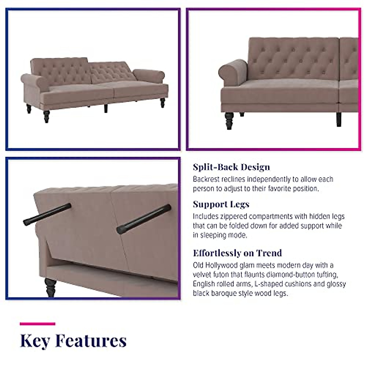 Novogratz Cassidy Upholstered Futon, Blush Velvet