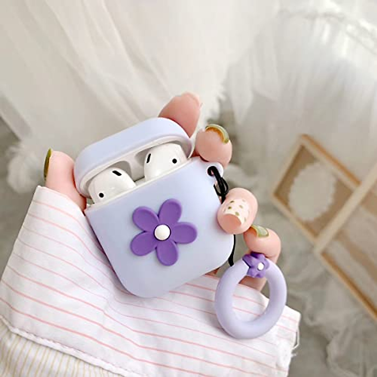 Ownest Compatible for AirPods Case Cute Cartoon Flower Pattern Girls Woman Soft Silicone Shockproof Keychain Design Cover for Airpods 1 &2-Purple