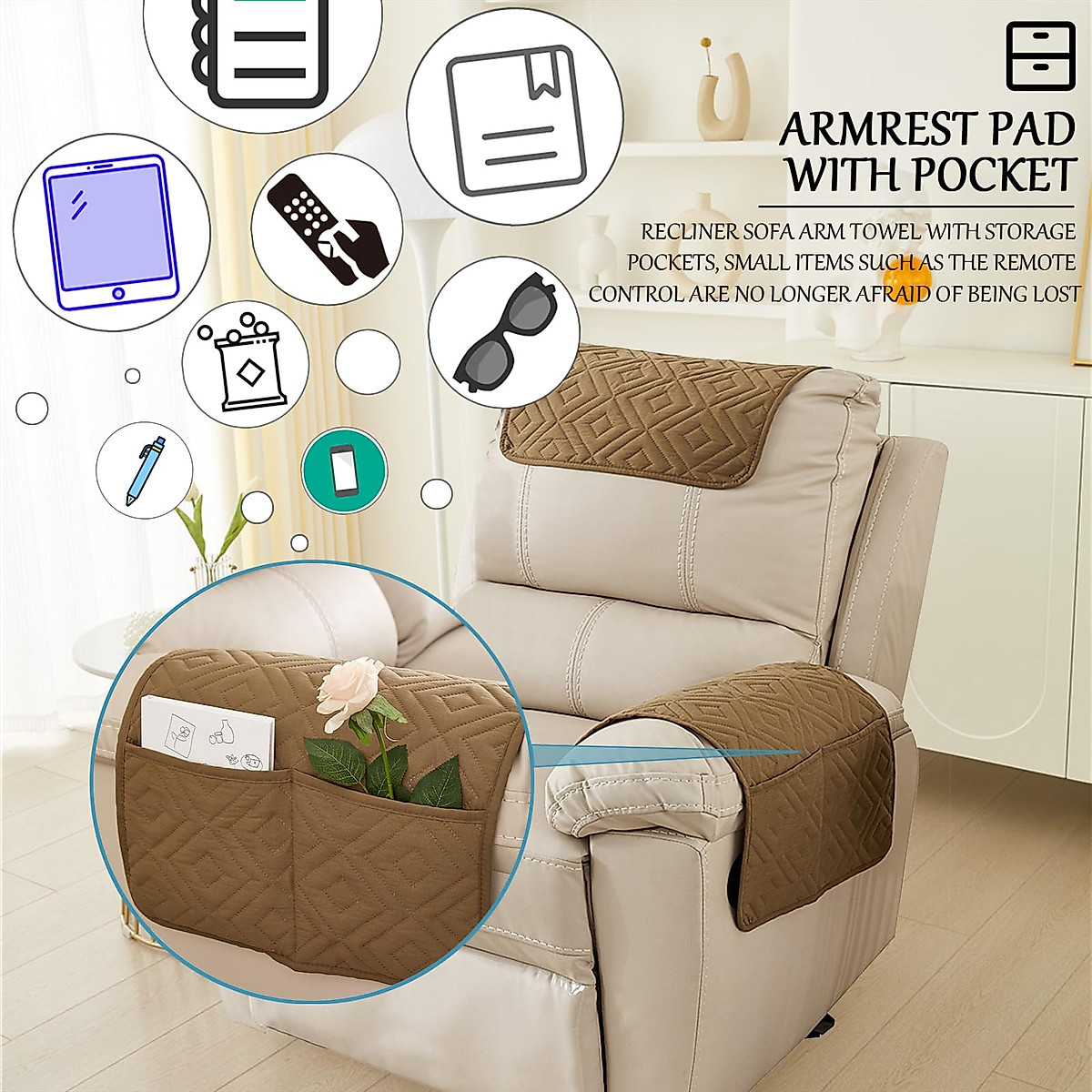 Sofa Armrest Cover, Headrest Cover for Recliner Chair Arm Cover, Armchair Slipcover with Pockets, Nonslip Quilted Furniture Protector for Pets Leather Sofa Couch (Khaki(Style B),3 Seater(5pcs))