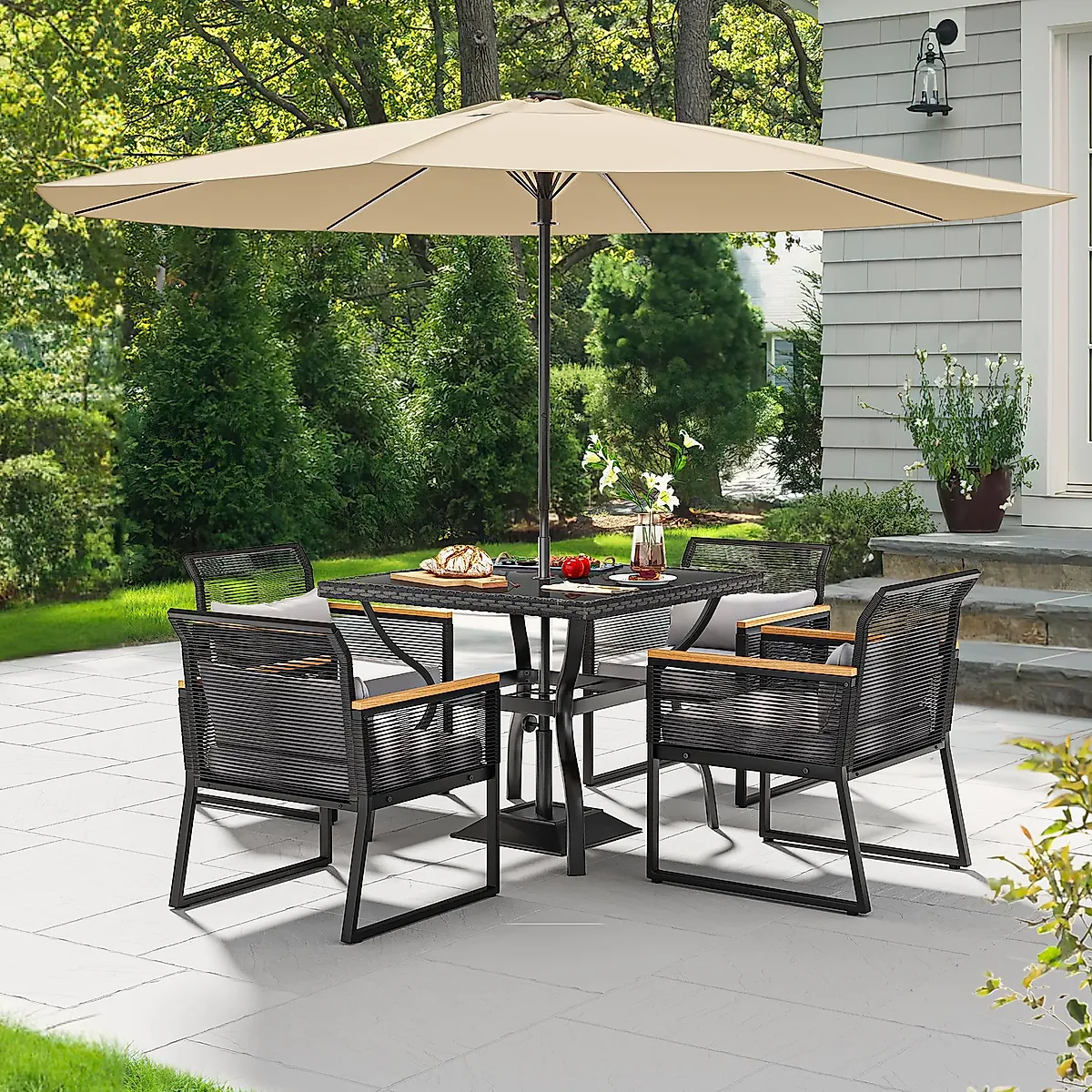 YITAHOME Patio Dining Chairs Set of 4, Outdoor Wicker Furniture Dining Chairs, All-Weather Rattan Conversation Chairs with Wood Armrest and Soft Cushions for Backyard Deck (Black+Light Gray)