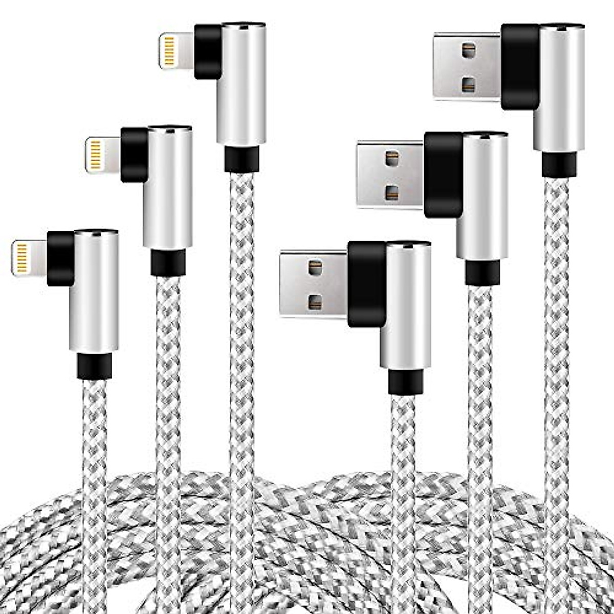 Lightning Cable, 3 Pack 10FT Right Angle Aluminum Alloy Durable and Fast Charging Cable Compatible with iPhone Charger 12/11/Pro/ XS/XS Max/XR/X/ 8/8 Plus/7 Plus/7/6 Plus/6/5S/5/Pad (Silver, 10ft)