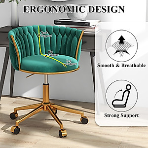 GOOLON Velvet Desk Chair, Modern Office Chair with Wheels, Home Swivel Vanity Armchair with Woven Back Comfy Height Adjustable Seat Sturdy Golden Metal Rolling Base for Makeup Bedroom, Dark Green