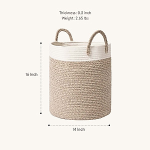 LA JOLIE MUSE Woven Basket Rope Storage Baskets - Tall Cotton Basket 16 x 14 x 14 Inches, Laundry Basket for Blanket, Kids Toy, Nursery Clothes Hamper Basket