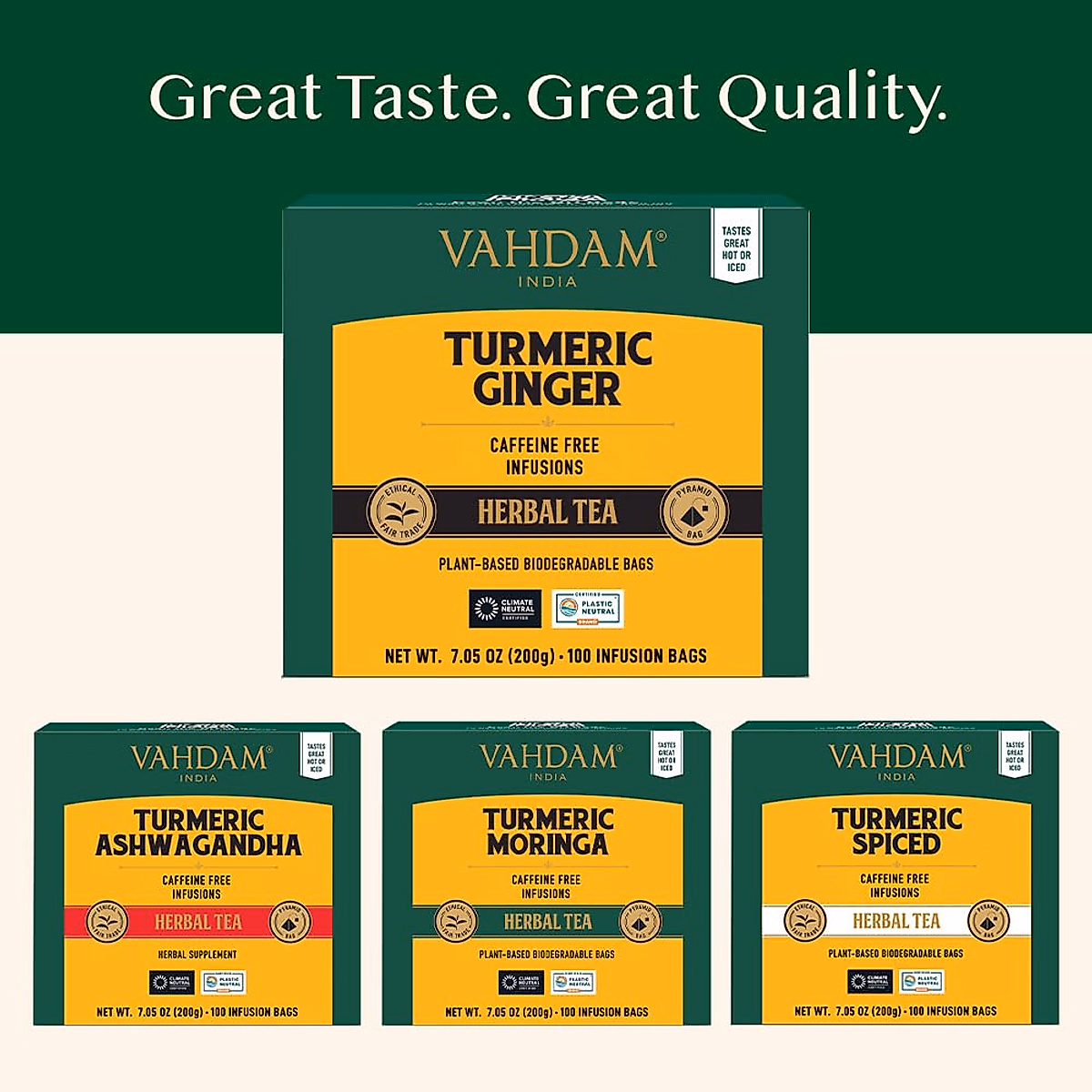 VAHDAM, Organic Turmeric Ginger Herbal Tea (100 Pyramid Tea Bags) Caffeine Free, Superfood w/USDA Organic Turmeric & Ginger | Herbal Tea Bags, Packed in Resealable Ziplock Pouch