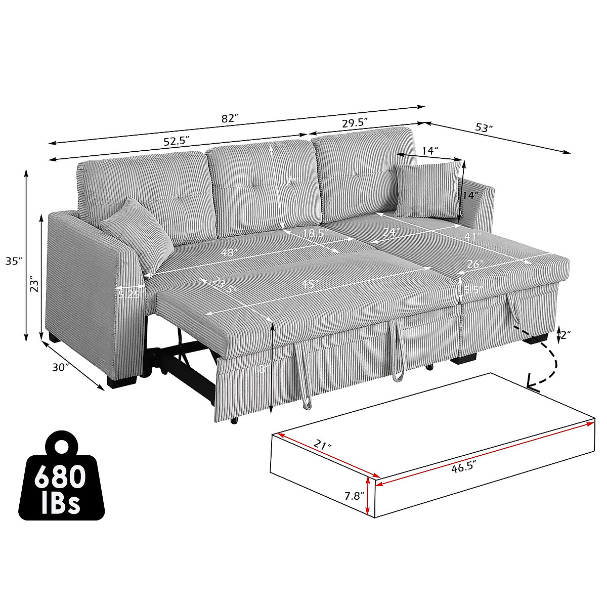 BEEY Small Sleeper Sofa, 82" Convertible L Shaped Couch with Pull Out Bed and Storage Chaise, Corduroy Sectional Sofa Bed for Bedroom, Living Room, Apartment, Light Grey