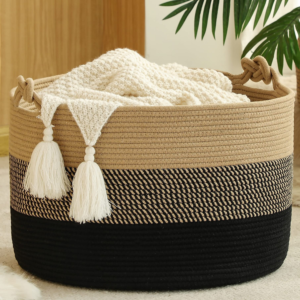 KAKAMAY Large Blanket Basket,Woven Baby Laundry Hamper for Storage, Cotton Rope Blankets Baskets for Nursery, Laundry, Living Room, Pillows, Baby Toy Chest with Handles (Black)