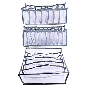 Cabilock 3PCS Underwear Storage Boxes Collapsible Closet Divider Nylon Grids Style for Bra Socks Ties Scarves Lingerie for Wardrobe Cabinet Organizer (Grey)