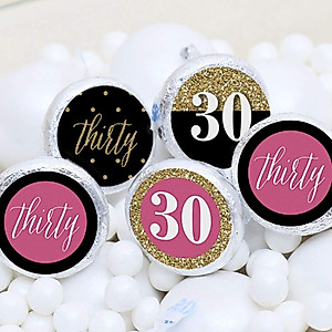 Big Dot of Happiness Chic 30th Birthday - Pink, Black and Gold Round Candy Sticker Favors â€“ Labels Fit Chocolate (1 Sheet 108)
