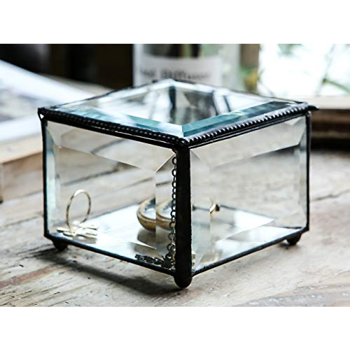 Retro Clear Glass Box Keepsake Jewelry Trinket Boxes Home Decor, Beveled Glass Display Box, 3.75x3.75x3 in