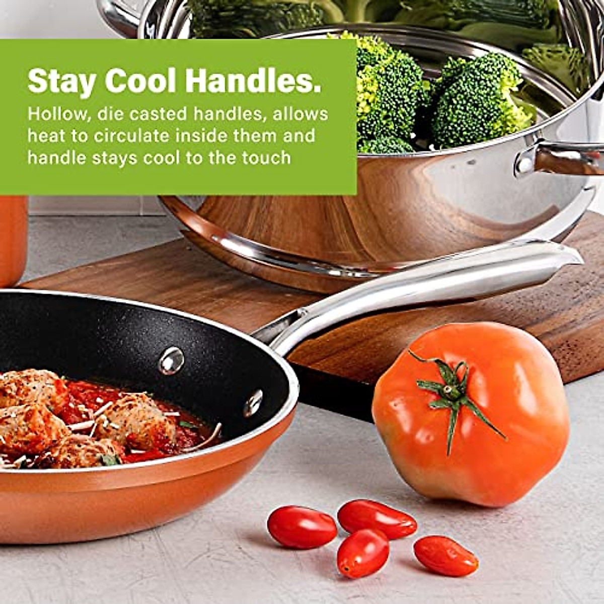 Gotham Steel Copper Cast 10 Piece Pots and Pans Set with Ultra Nonstick Diamond Surface, Includes Frying Pans, Stock Pots, Saucepans & More, Stay Cool Handles, Oven & Dishwasher Safe, 100% PFOA Free