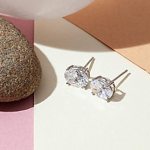 PAVOI 14K White Gold Plated Sterling Silver Cubic Zirconia Stud Earrings for Women Oval 6x8mm