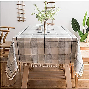 ColorBird Embroidery Checkered Tassel Tablecloth Heavy Weight Cotton Linen Plaid Dust-Proof Table Cover for Kitchen Dinning Tabletop Decoration (Rectangle/Oblong, 55 x 70 Inch, Gray/White)