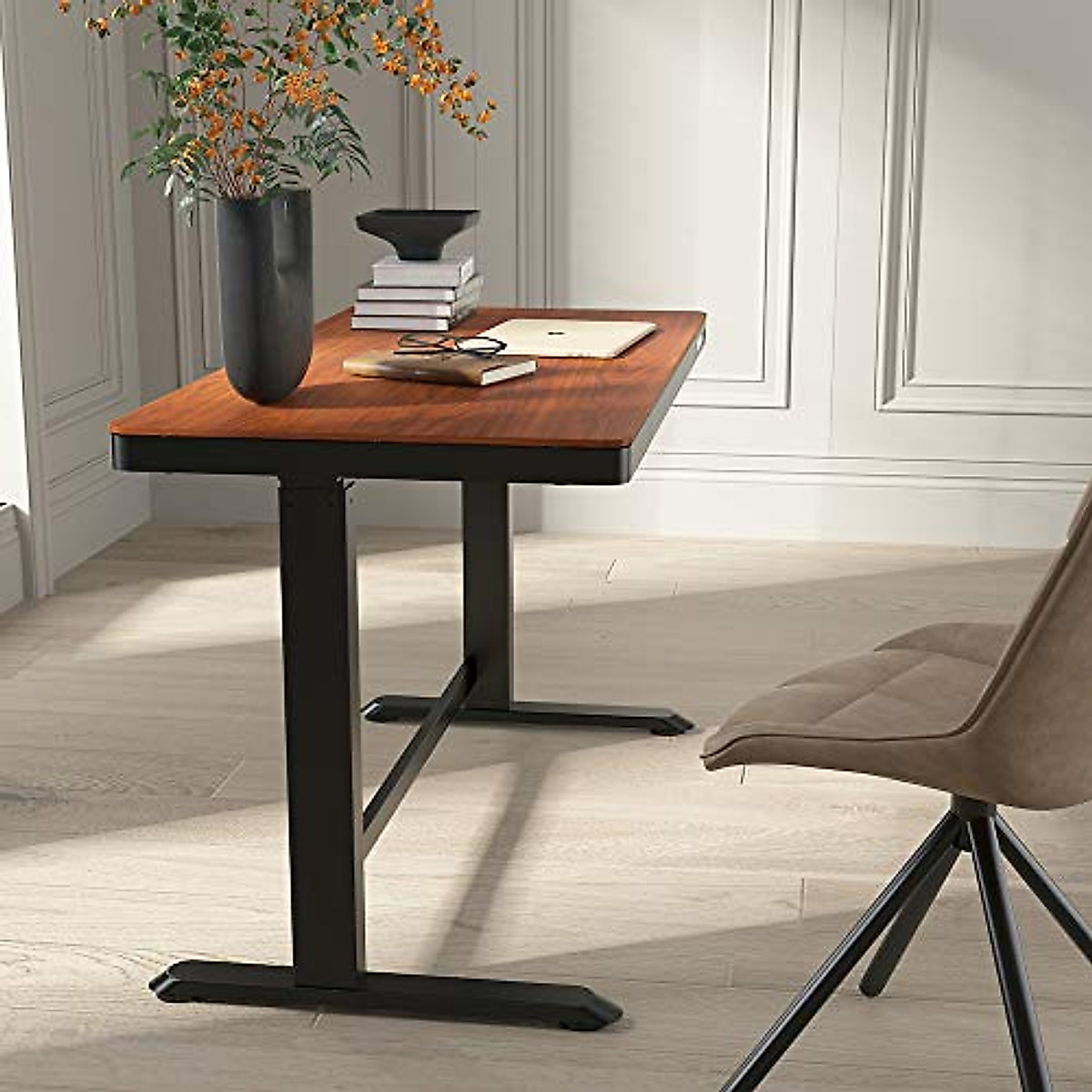 KOBLE Juno 48” Electric Height-Adjustable Desk with Black Frame and Walnut Foil Top