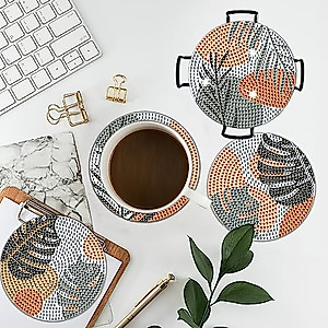 8 Pcs Leaves Diamond Painting Coasters with Holder, DIY Gray Leave Boho Diamond Art Non Slip Coaster for Adults Kids Beginners, Diamond Painting Kits Accessories Art Craft Supplies