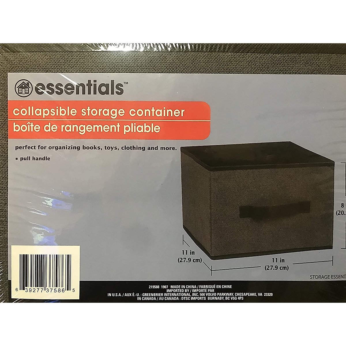 ESSENTIALS Collapsible Storage Container with Handles (11"x11"x8") - Gray