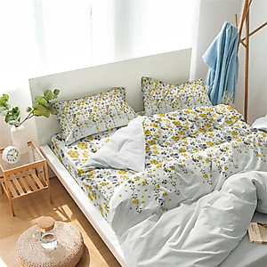 Autumn Yellow Weeping Floral White Back Duvet Cover Sets 4 Piece California King Ultra Soft Bed Quilt Cover Set for Kids/Teens/Women/Men,Gray Flower Vine Leaf Bedding Collection All Season Use