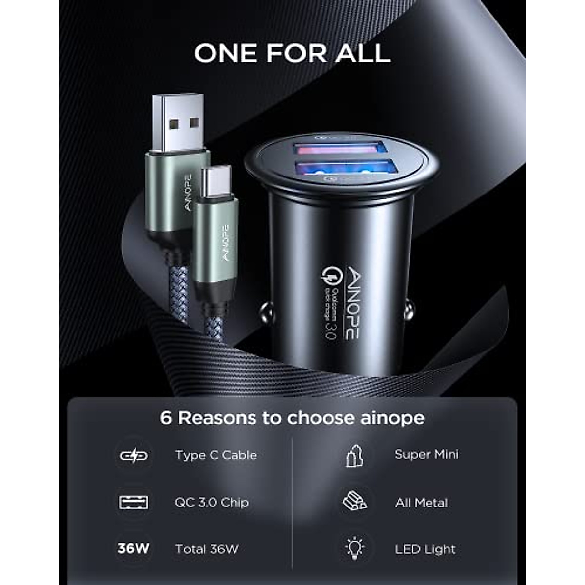 Fast Car Charger Adapter, 36W Super Mini AINOPE USB Car Charger Fast Charging [with 3.3ft USB C Cable] Dual QC3.0 All Metal Phone Charger Car Compatible with S21/S20/S10/S9, iPhone 13/12/11 pro/X/8