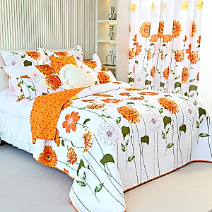 EVENHUG 100% Cotton Quilt Queen Size Orange Sunflower Bedding Set Floral Lightweight Quilt Reversible Coverlet Bedspread with 2 Pillow Shams All Seasons 3 Pieces (92"x96")