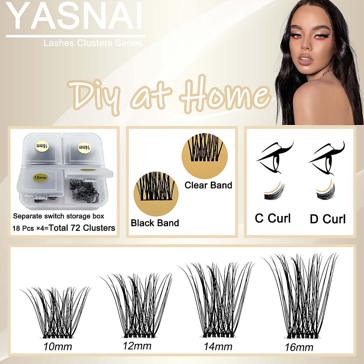 Lash Clusters DIY Eyelash Extension YASNAI Clusters Lashes 72 Pcs Individual Extensions Eyelsh Clusters Soft Natural Lightweight 10/12/14/16mm Mix Resuale Clusters Eyelash for Home Use